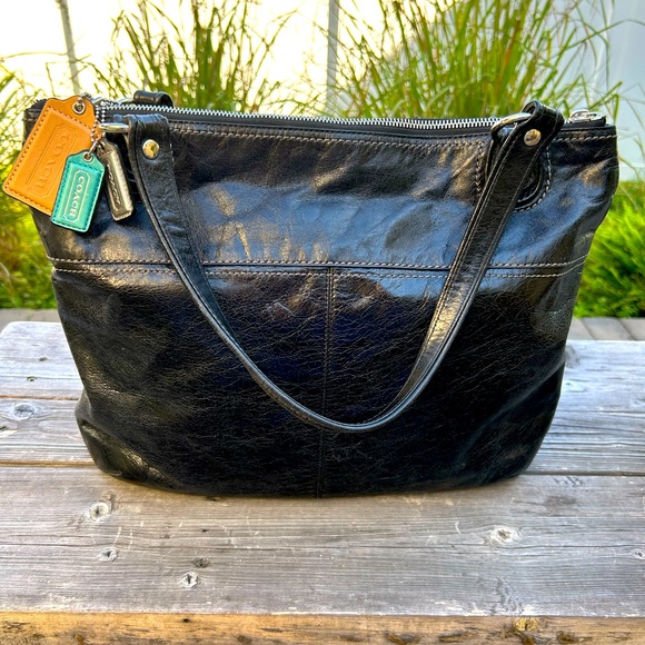 Coach | Bags | Coach Poppy Glam Glazed Black Leather Tote Shoulder ...